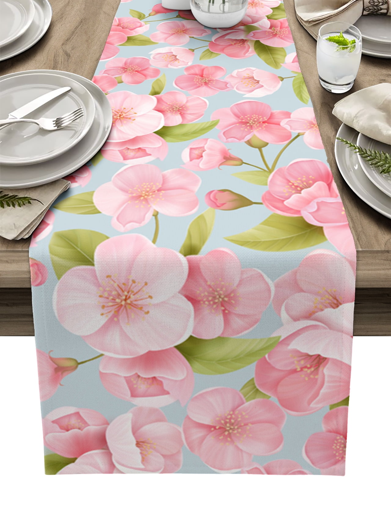 Spring Peach Blossom Flower Linen Table Runner Kitchen Table ration ...