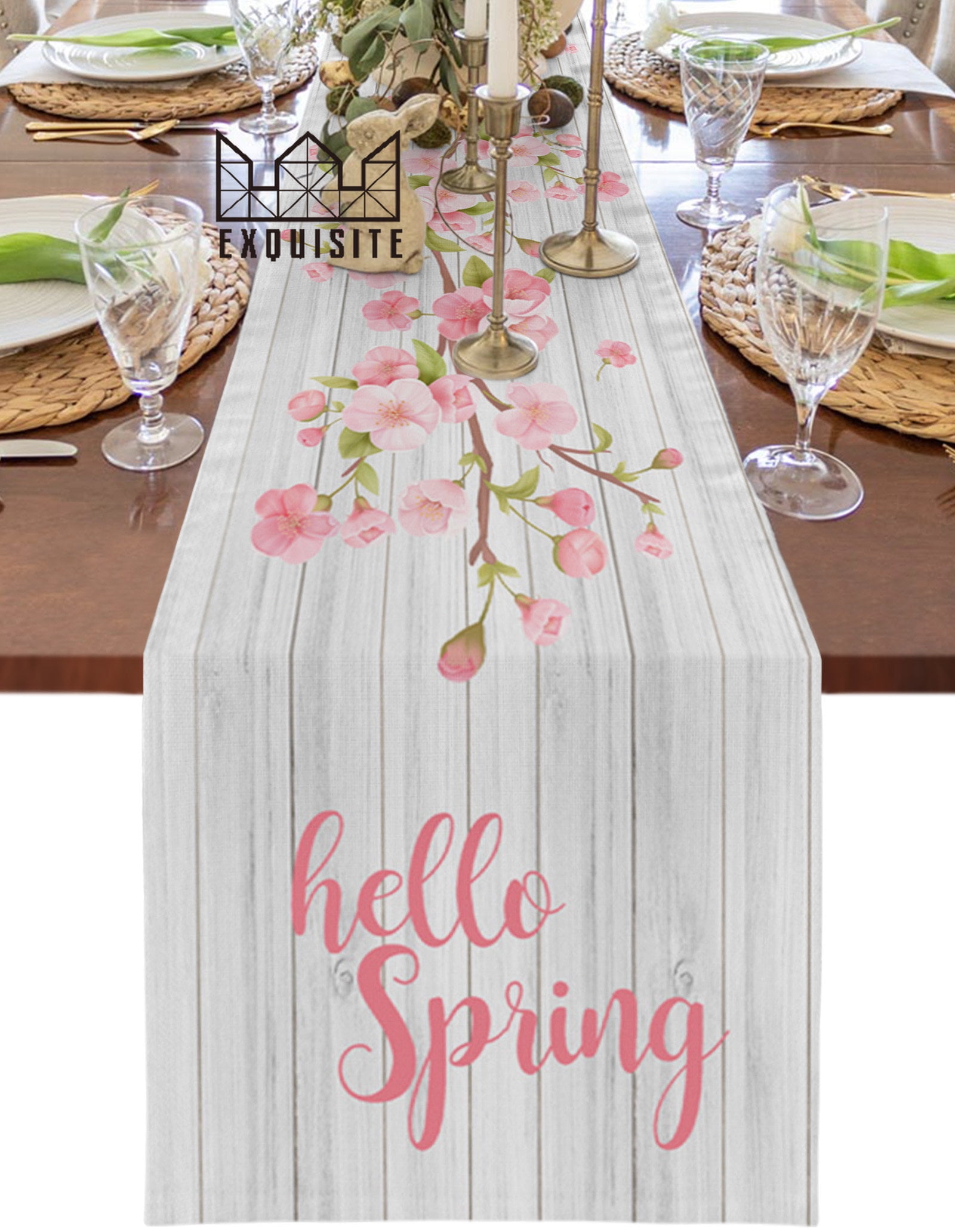 Spring Peach Blossom Tree Wood Grain Table Runner Decoration Home Decor ...