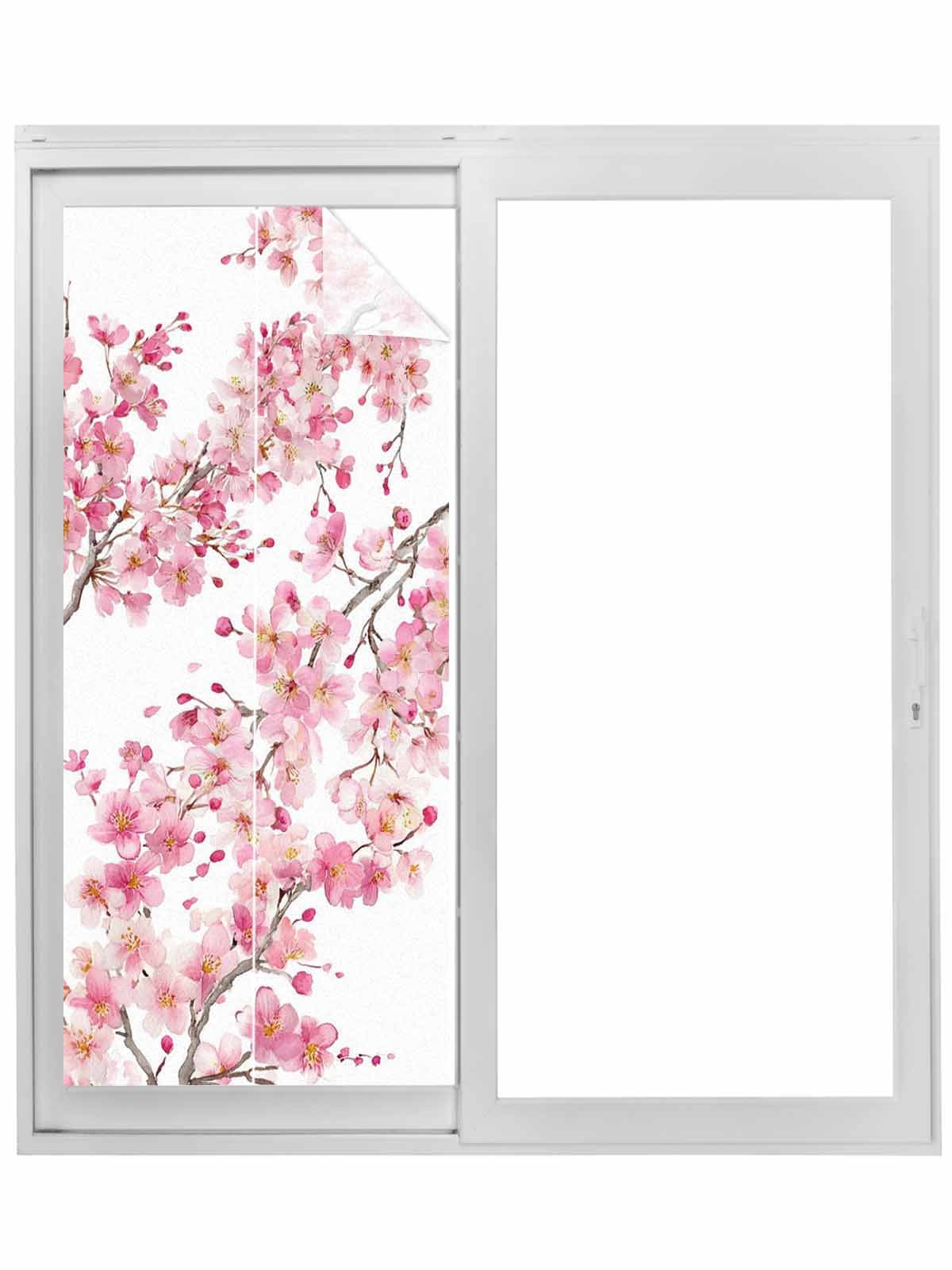 Spring Peach Flowers Window Privacy Film, Pink Botanical Floral Leaves ...