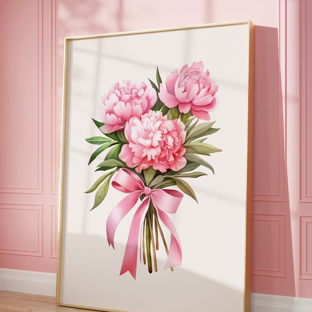 Spring Peonies Printable Wall Art, Pink Bouquet Pink Bow Print, Pink ...