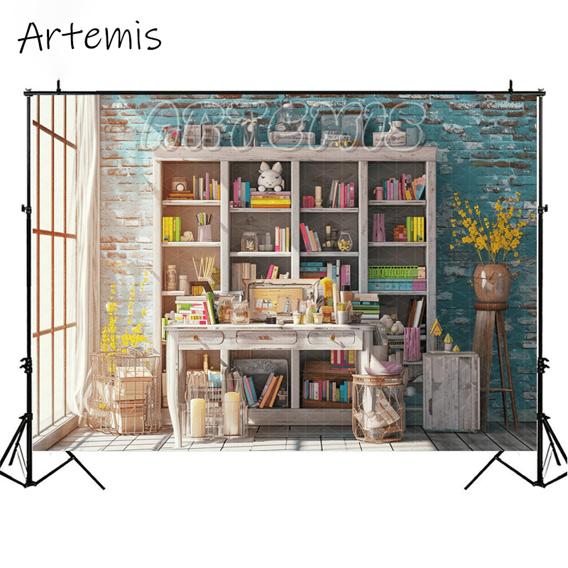 Spring Photography Backdrop Bookshelf Vibrant Colorful Books Desk Pink ...