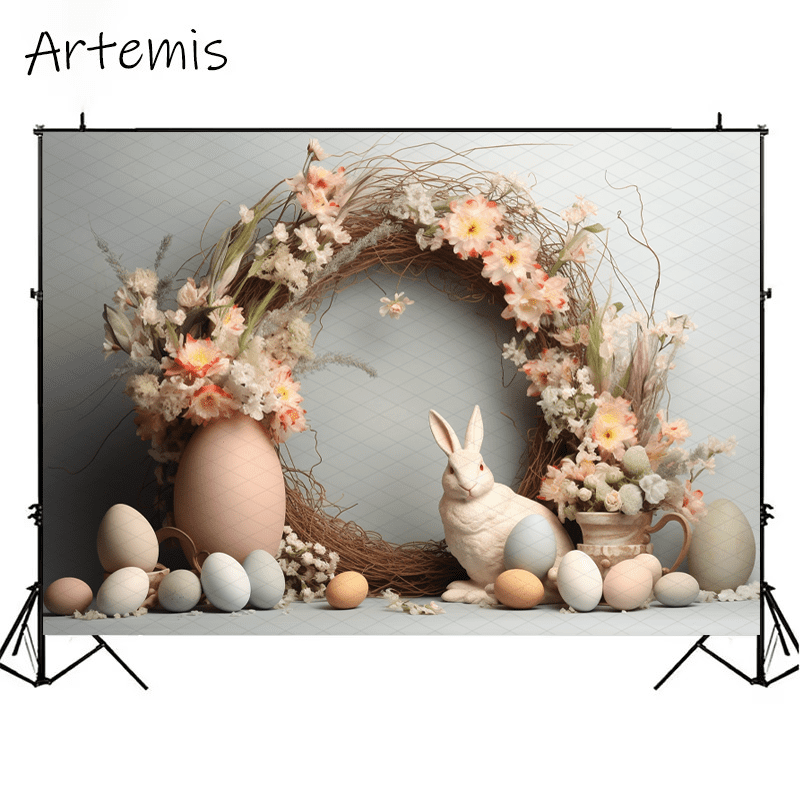 Spring Photography Backdrop Easter Bunny Eggs Floral Vines Colorful ...
