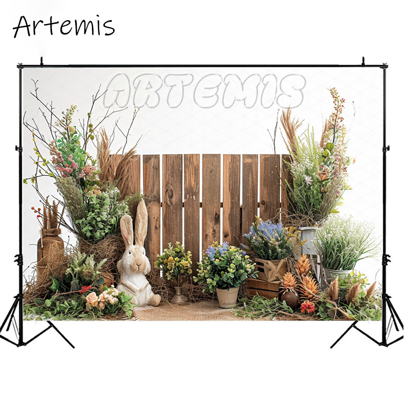 Spring Photography Backdrop Rustic Easter Wood Flowers Bunny White Baby ...