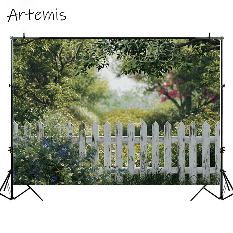 Spring Photography Backdrop White Picket Fence Flowers Trees Landscape ...