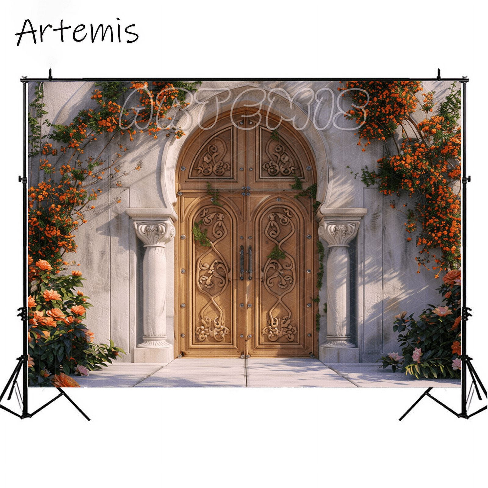 Spring Photography Backdrop Wooden Arched Door Flower Landscape Pampas ...