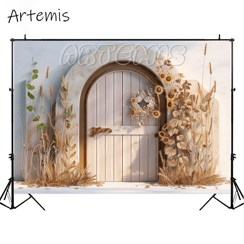 Spring Photography Backdrop Wooden Arched Door Flower Landscape Pampas ...