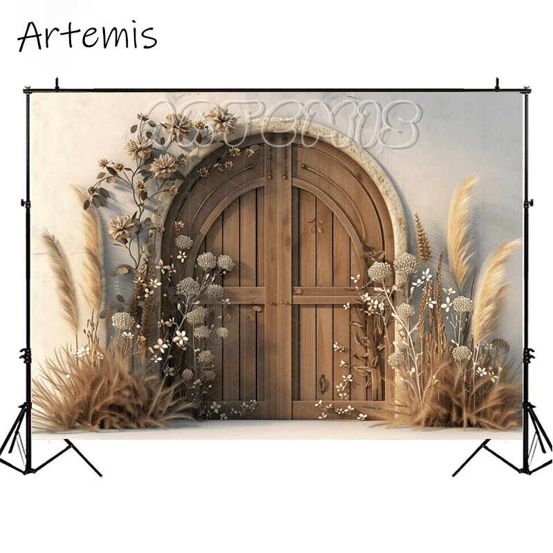 Spring Photography Backdrop Wooden Arched Door Flower Landscape Pampas ...