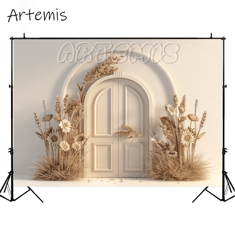 Spring Photography Backdrop Wooden Arched Door Flower Landscape Pampas ...