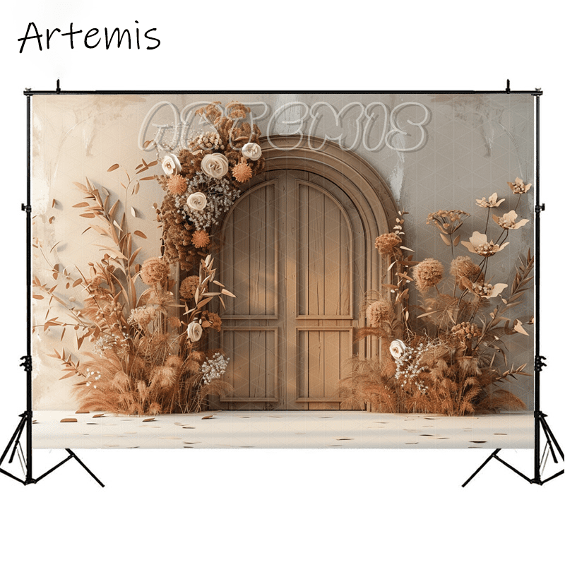 Spring Photography Backdrop Wooden Arched Door Flower Landscape Pampas ...