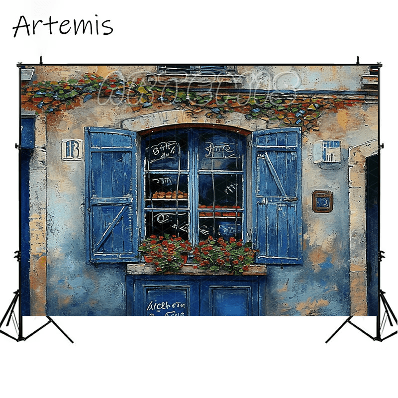 Spring Photography Backdrop ic Oil Painting Coffee Shop Blue Wooden ...
