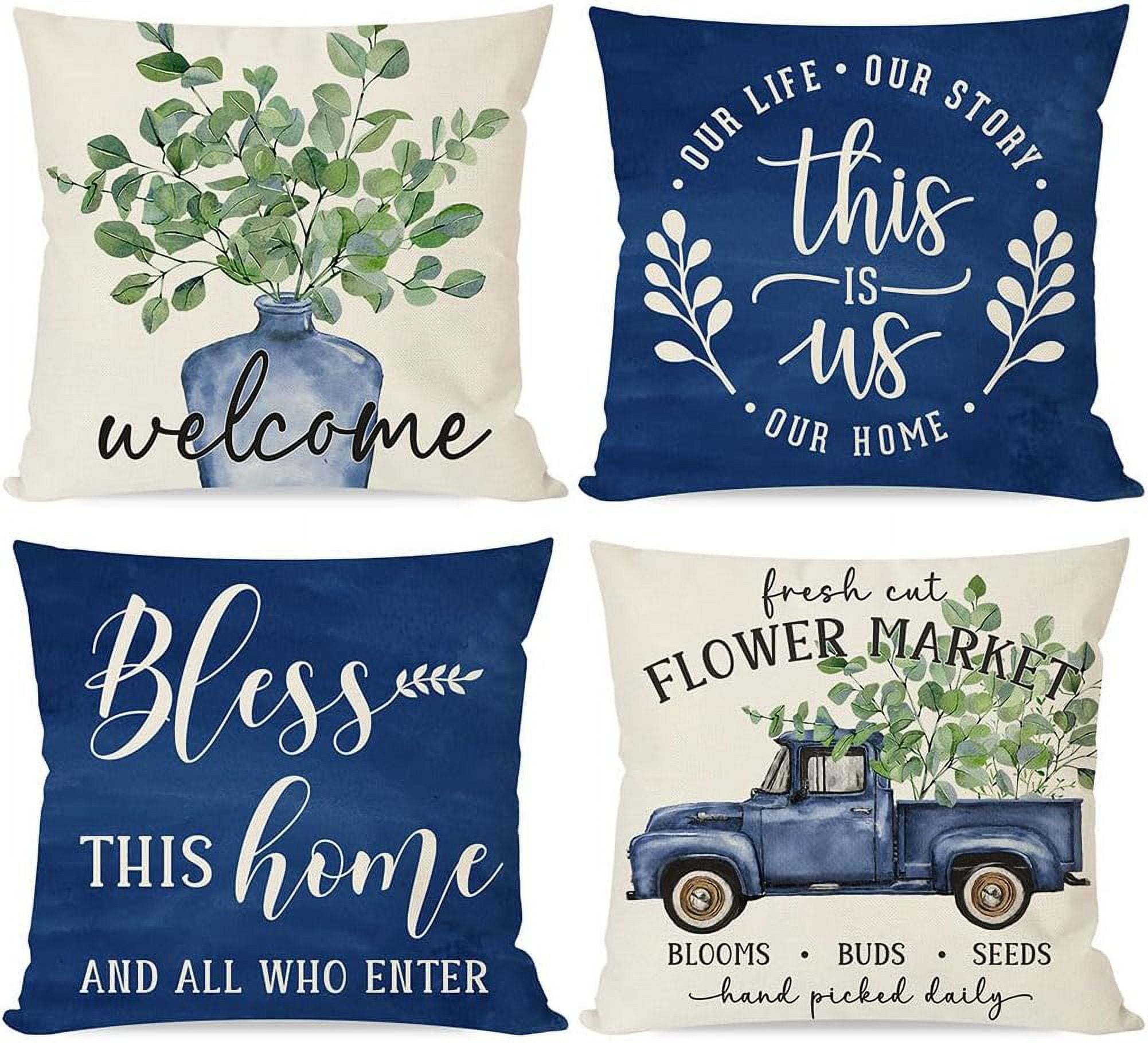 Spring Pillow Covers 18x18 Inch Eucalyptus Leaves Greenery Blue Vase ...