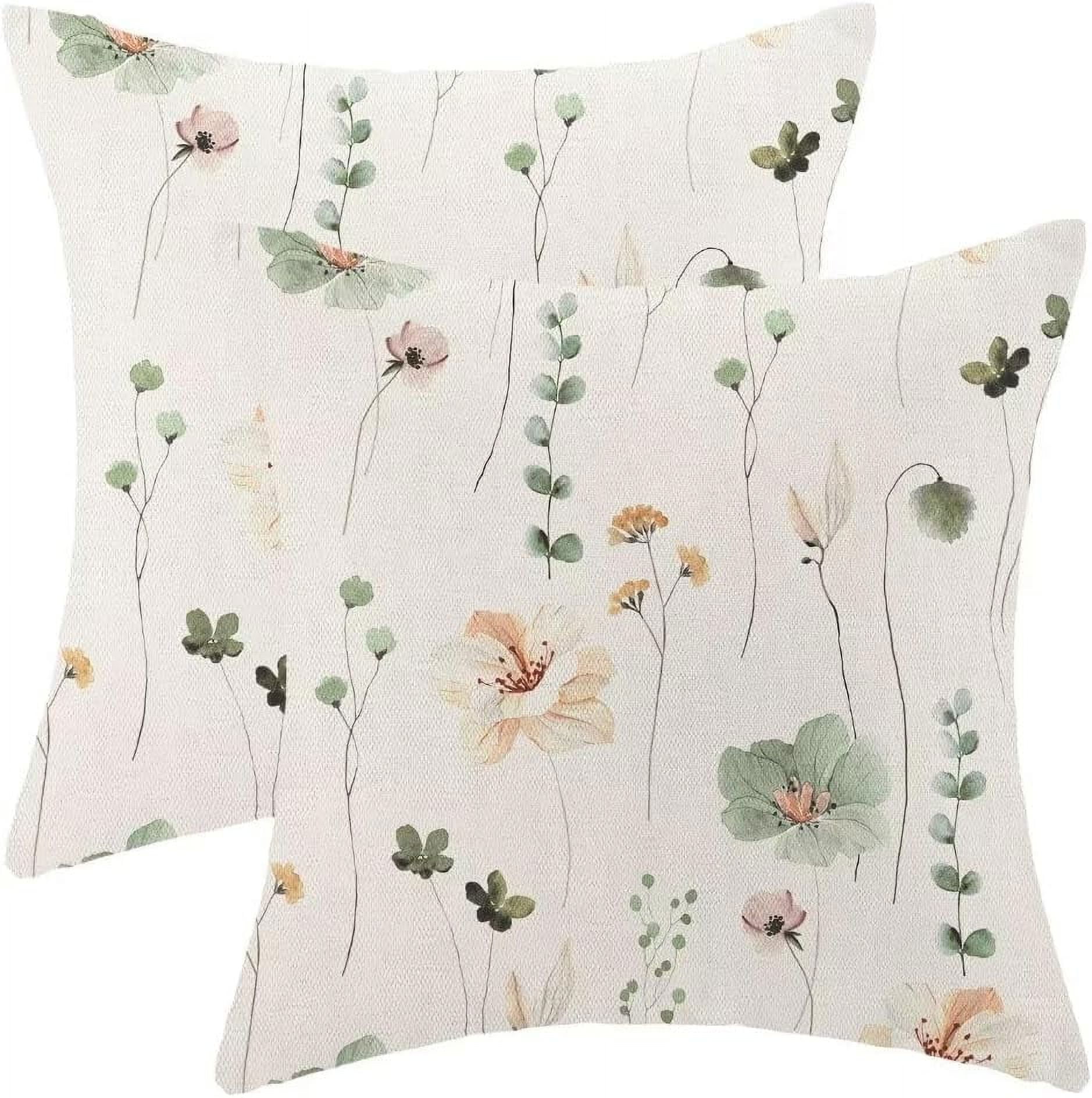 Spring Pillow Covers 18x18 Inch Set of 2, Watercolor Sage Green Flower ...