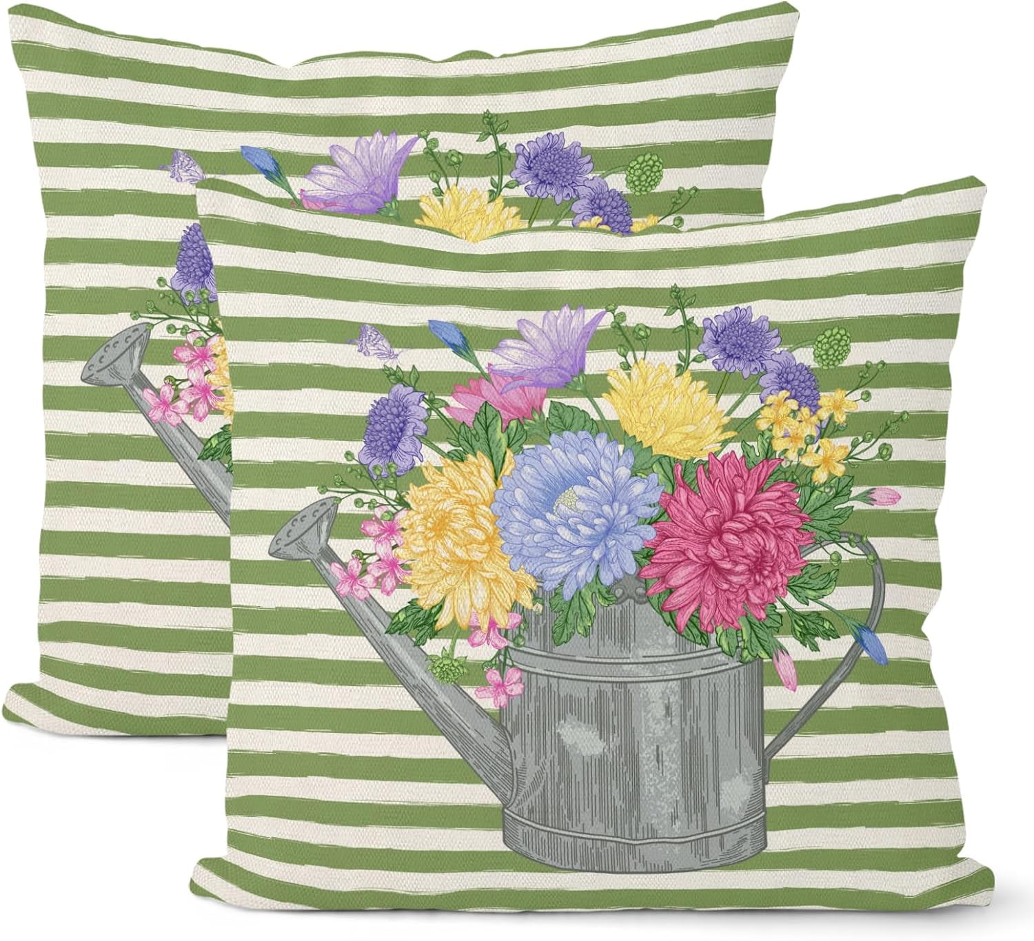 Spring Pillow Covers 18x18 Set of 2, Green Stripes Floral Farmhouse ...