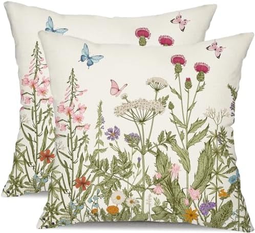 Spring Pillow Covers 18x18 Set of 2 Wild Flowers Botanical Plants ...