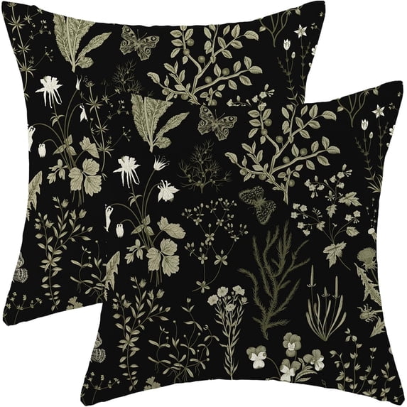 Spring Pillow Covers 20x20 Set of 2 Black Green Botanical Floral Leaf ...