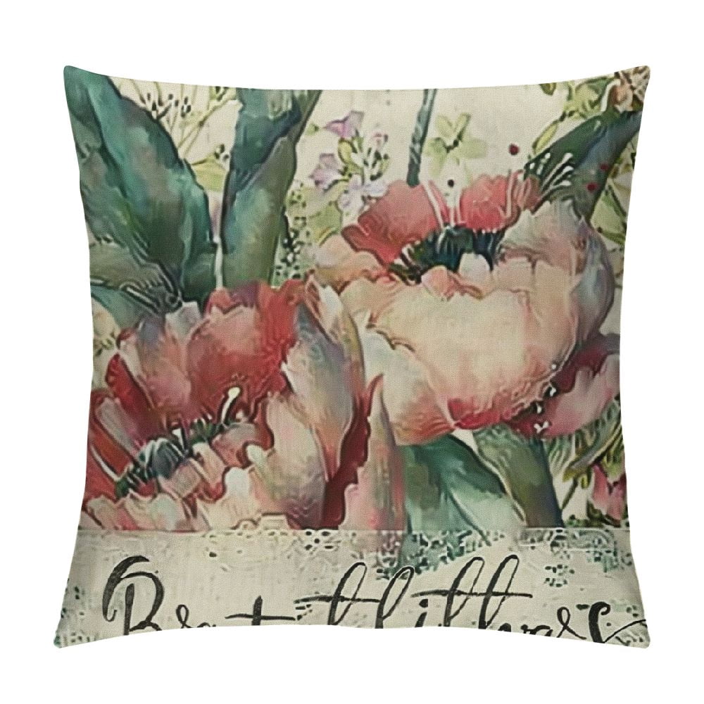 Spring Pillow Covers Pink Flower Floral Bless This Home Set of Green ...