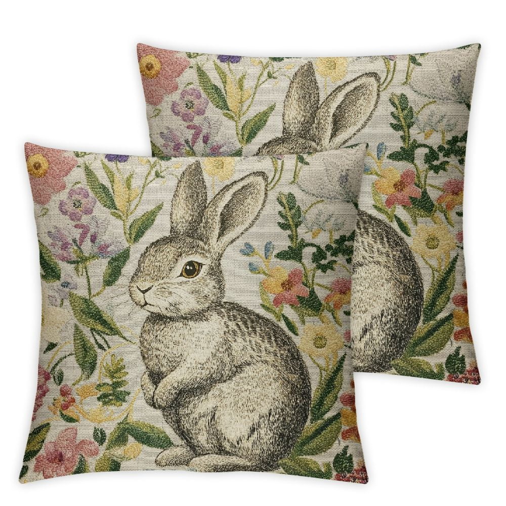 Spring Pillow Covers Set of 2 Rabbit Bunny Pink Flower Sage Green ...