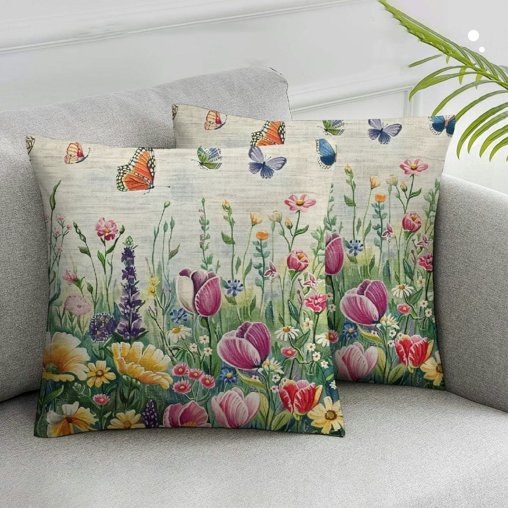 Spring Pillow Covers Watercolor Flowers Lavender Butterful Tulip Decor ...