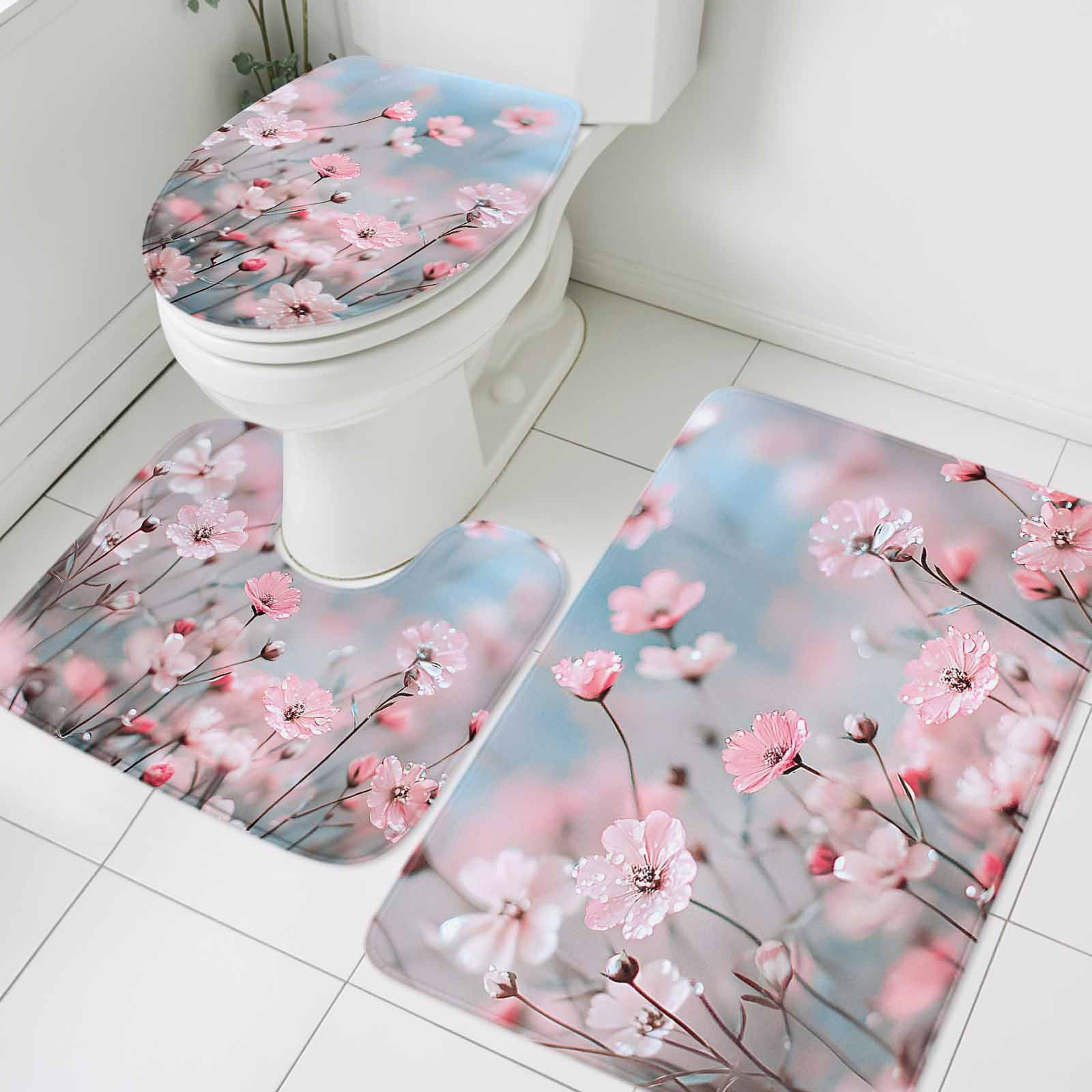 Spring Pink Floral Bathroom Rugs Set Summer Flower Buds Modern ...