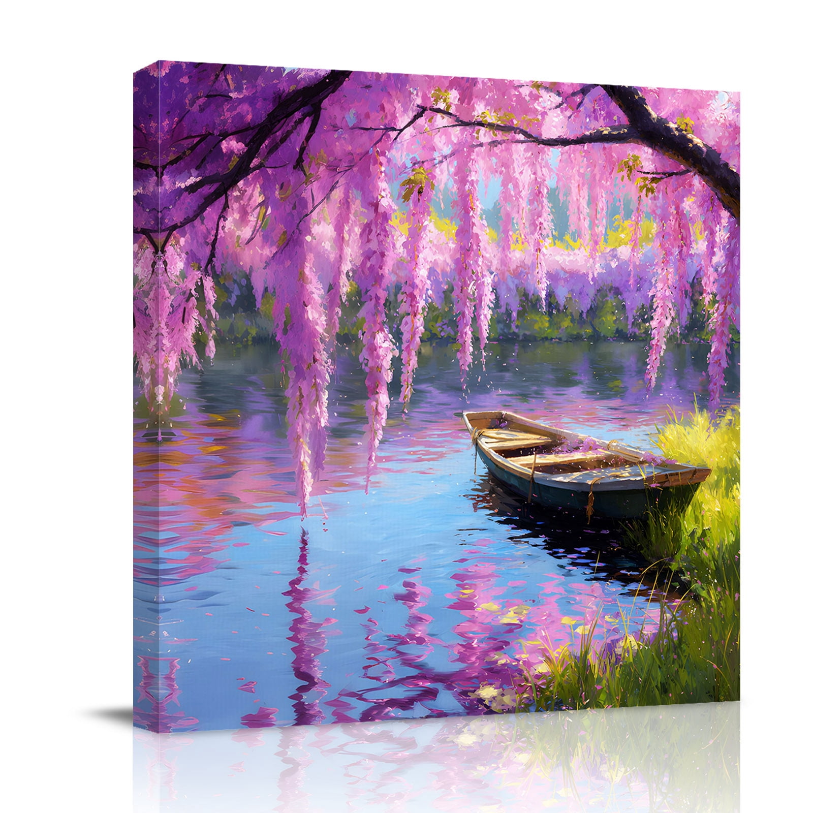 Spring Pink Flower Canvas Wall Art for Living Room, Boat Oil Painting ...