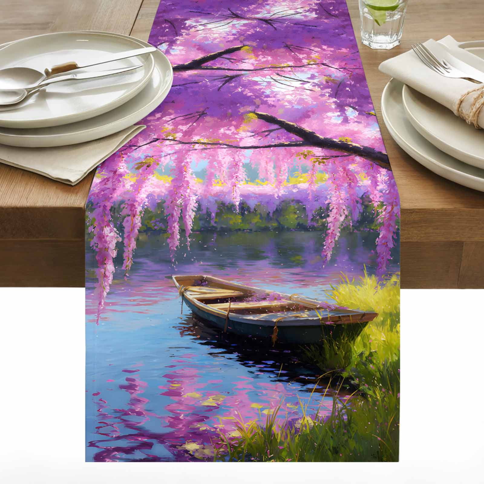 Spring Pink Flower Cotton Linen Table Runner Boat Oil Painting Lake ...