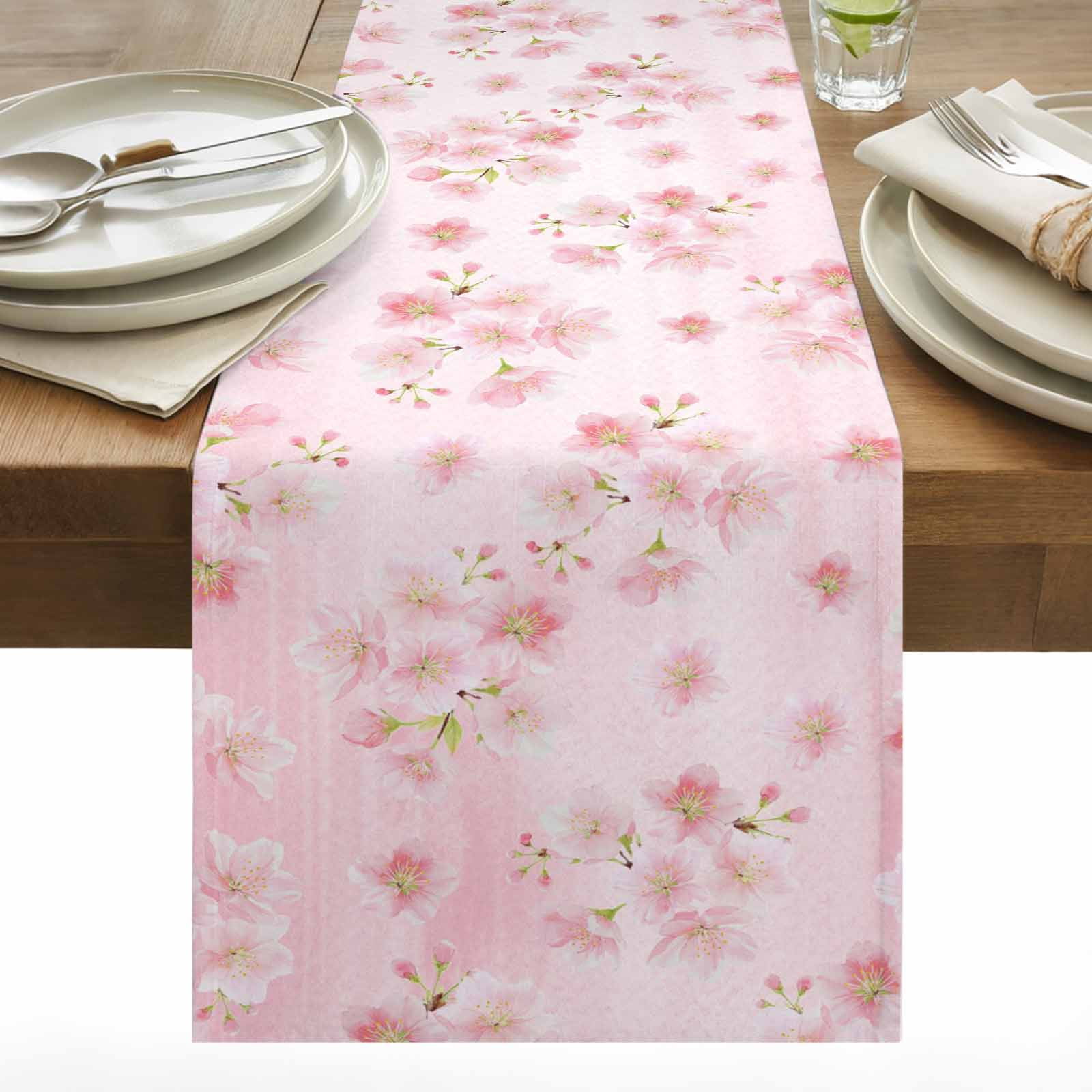 Spring Pink Flower Cotton Linen Table Runner Cherry Blossom Floral ...