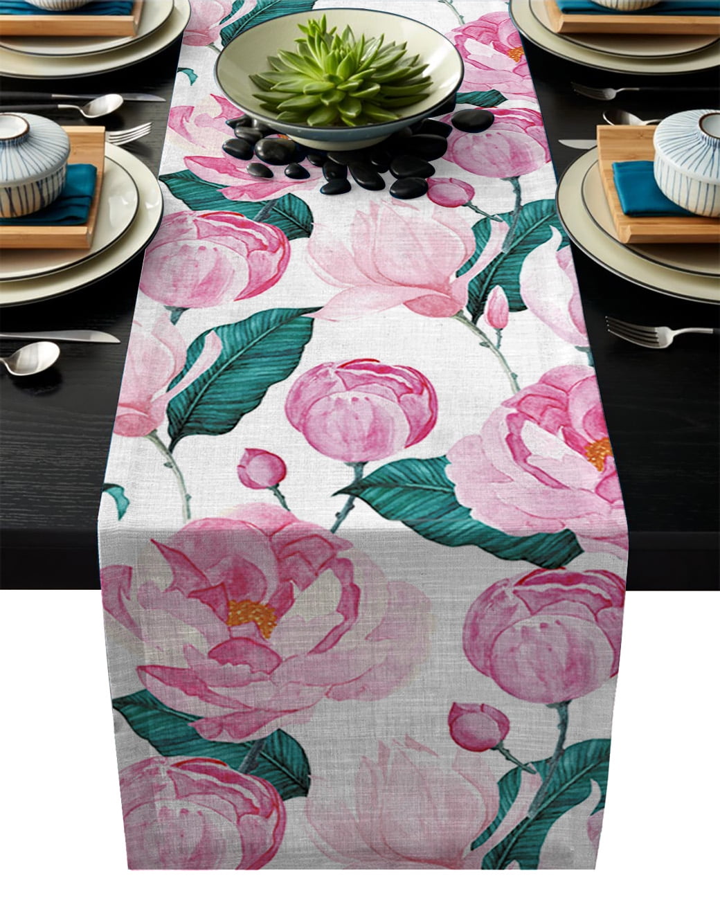 Spring Pink Flower Green Leaves Pink Table Runner Modern Placemat ...