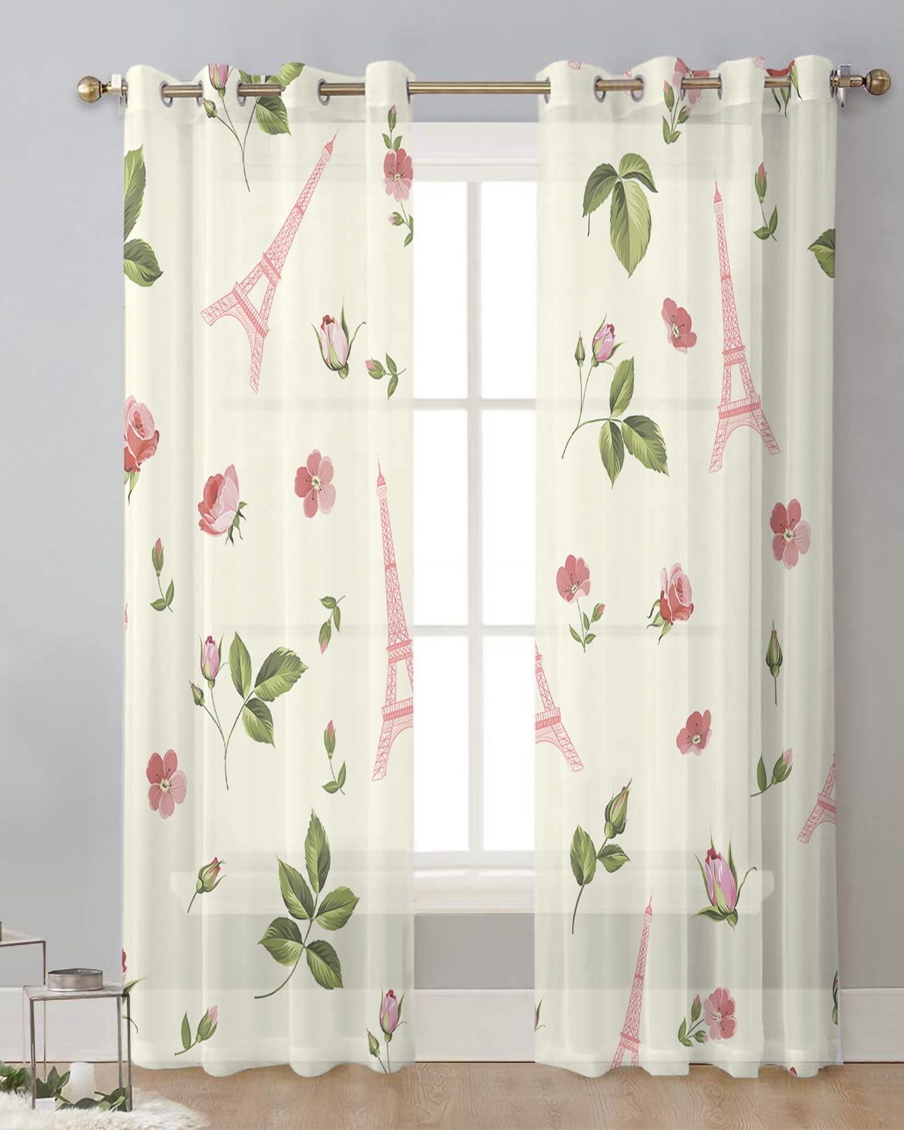 Spring Pink Flower Leaves Eiffel Tower Sheer Curtains for Living Room ...