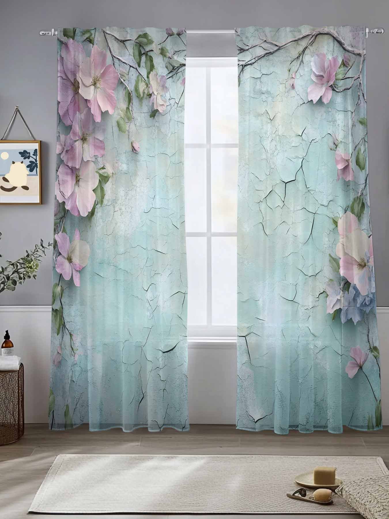Spring Pink Flower Sheer Curtains for Living Room Bedroom Branch Leaves ...