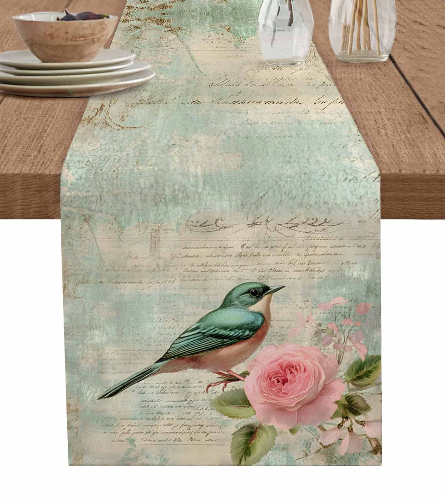 Spring Pink Flower Table Runner 72 Inches, Green Bird Country Retro ...