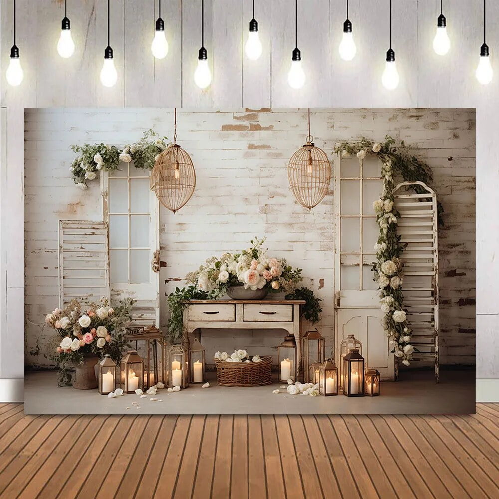 Spring Pink Flowers Photography Backdrop White Brick Wall Photo Booth ...