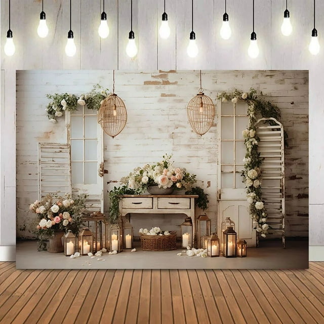 Spring Pink Flowers Photography Backdrop White Brick Wall Photo Booth ...