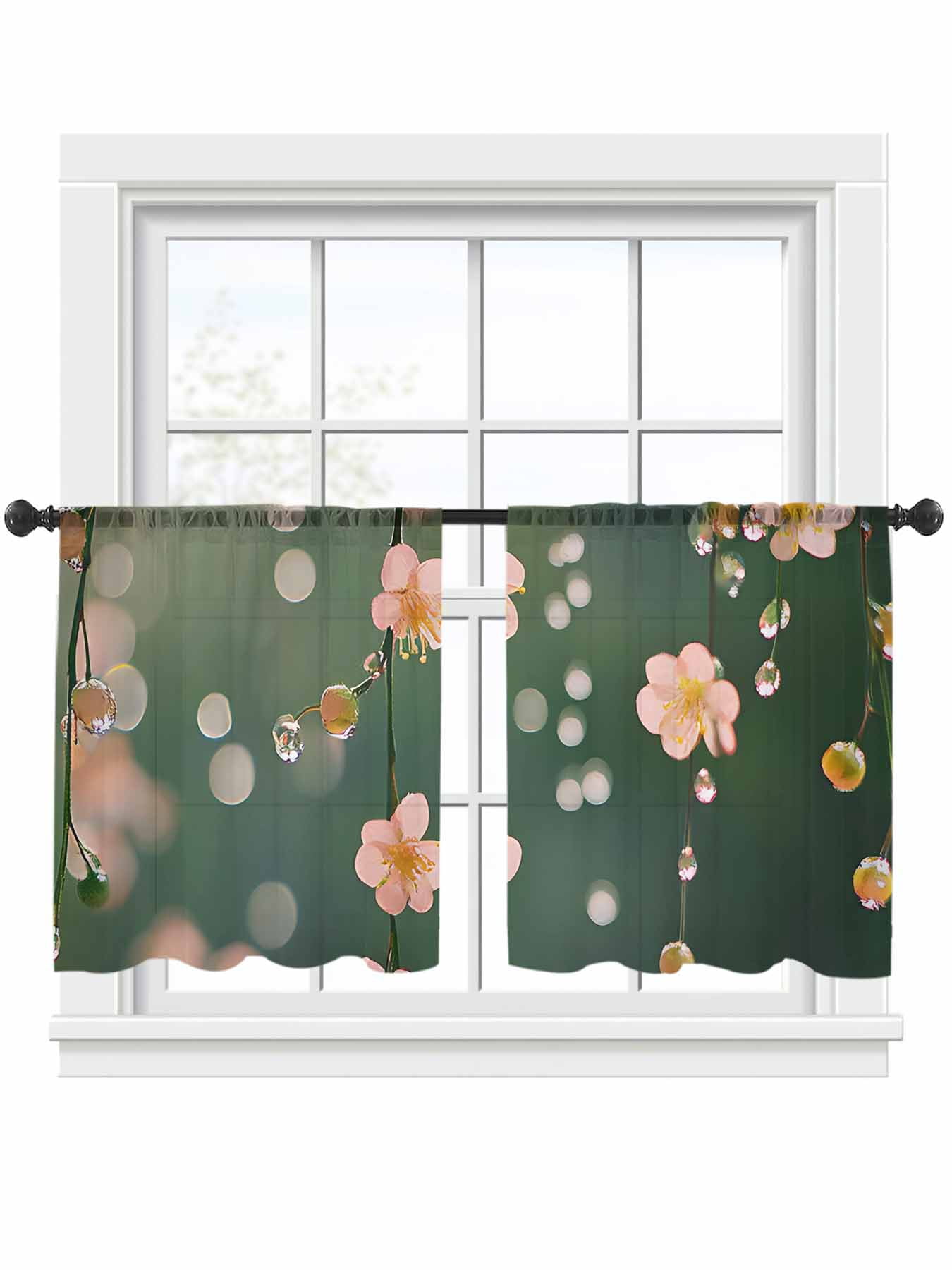 Spring Pink Flowers Sheer Curtains 2 Panels Set Water Droplets Sheer ...