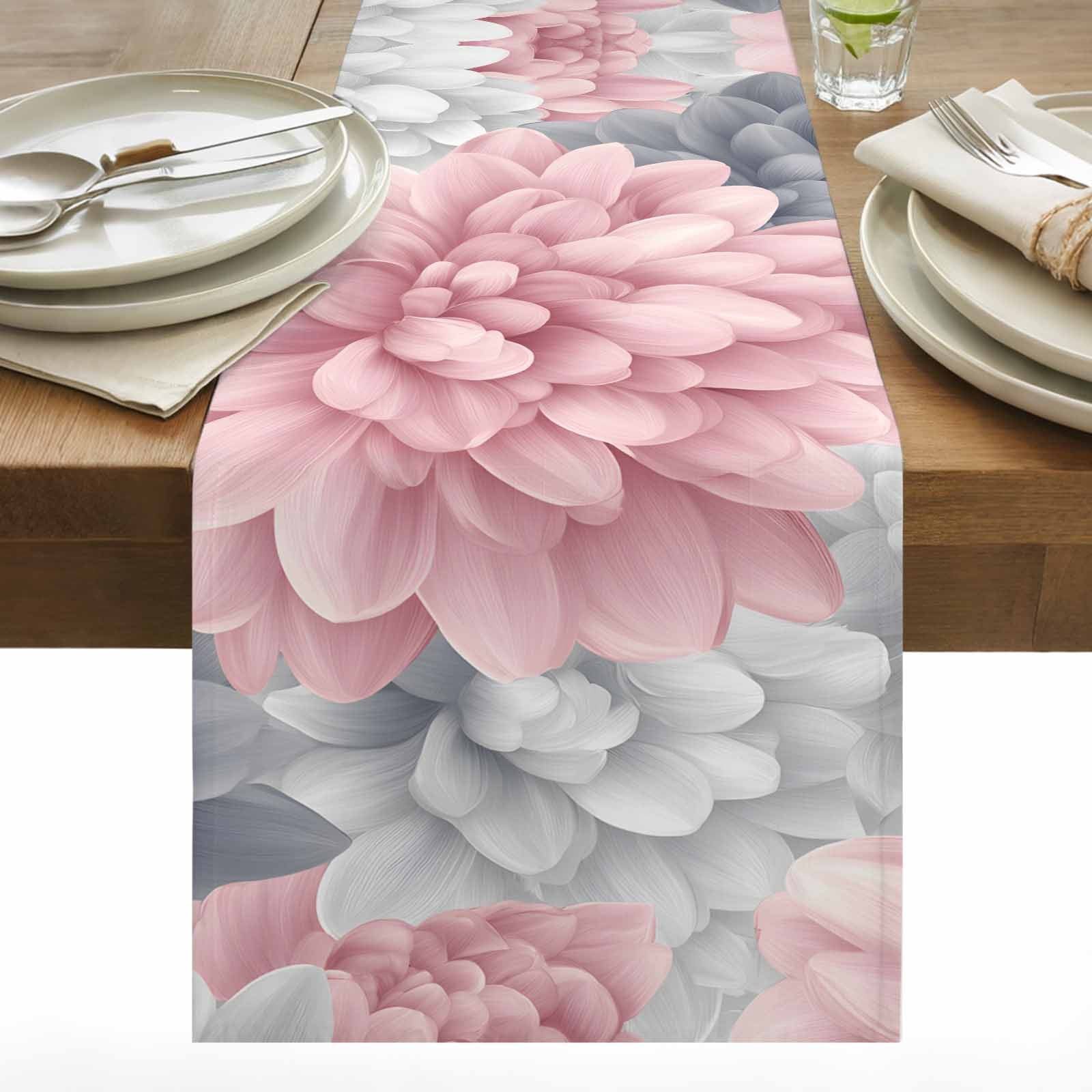Spring Pink Gray Flower Cotton Linen Table Runner Country Watercolor ...