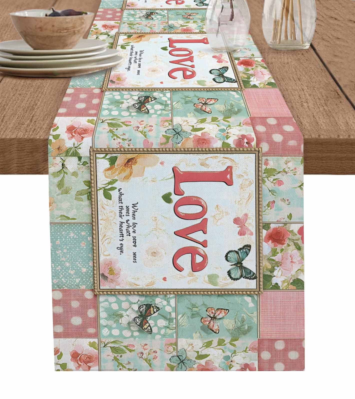 Spring Pink Green Check Table Runner 48 Inches, Vintage Floral ...