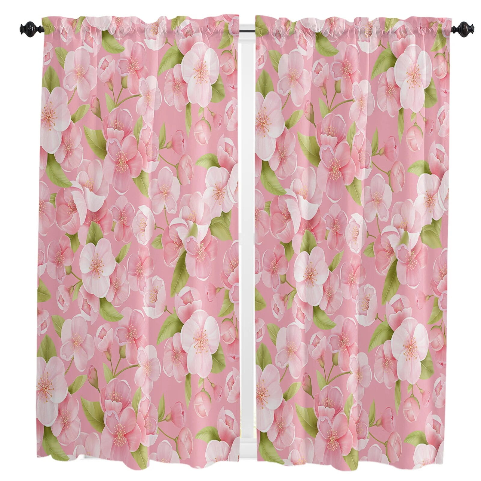 Spring Pink Peach Blossom Small Curtain Rod Pocket Short Curtains Half ...
