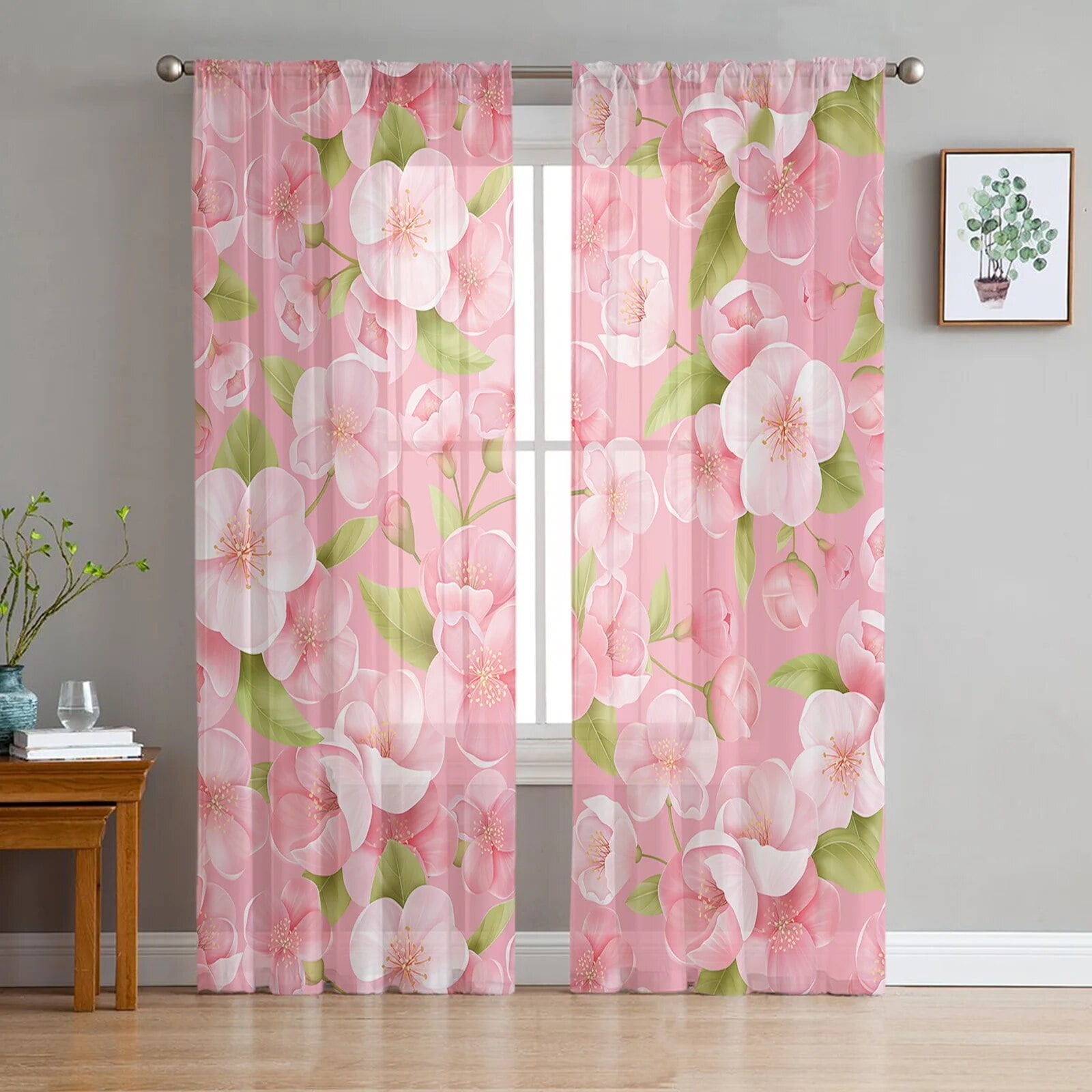 Spring Pink Peach Blossom Tulle Voile Curtains For Bedroom Window ...