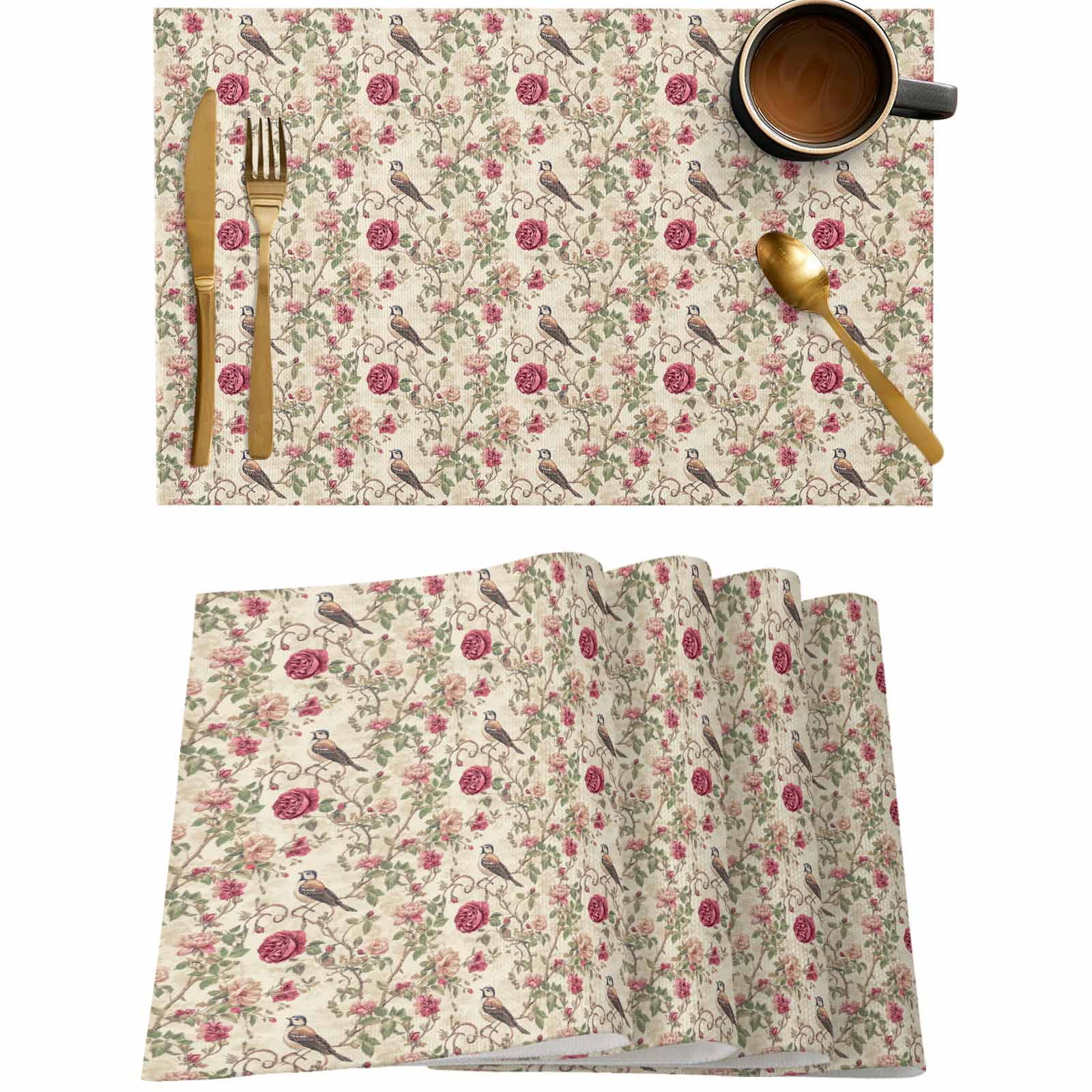 Spring Pink Rose Bird Valentine's Day Placemats Set of 4,Wipeable ...