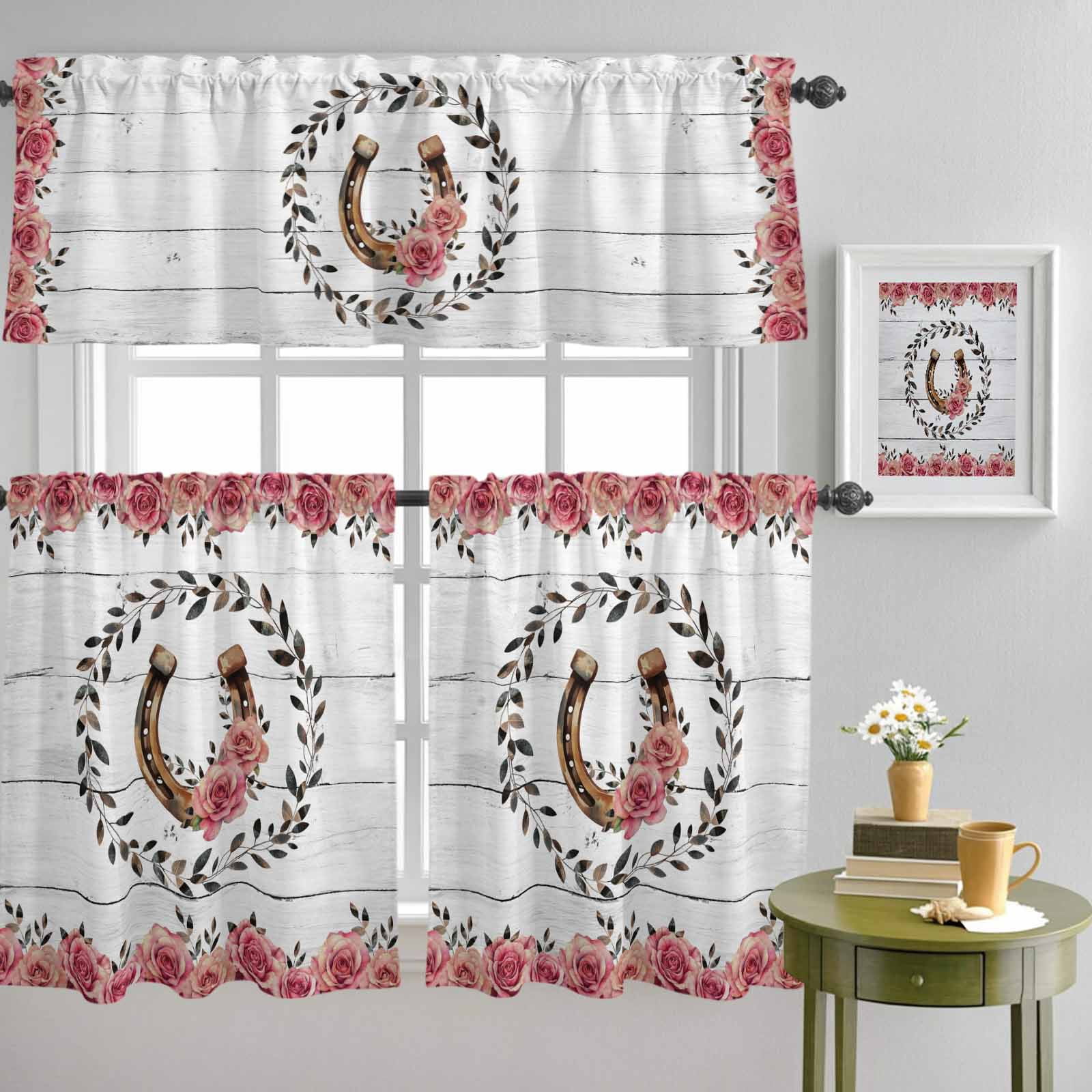 Spring Pink Rose Flower Leaf Curtain Tier and Valance Set 3 Piece ...