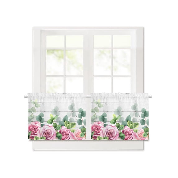 Spring Pink Roses Flower Green Leaves Short Blackout Curtains 24 Inch ...