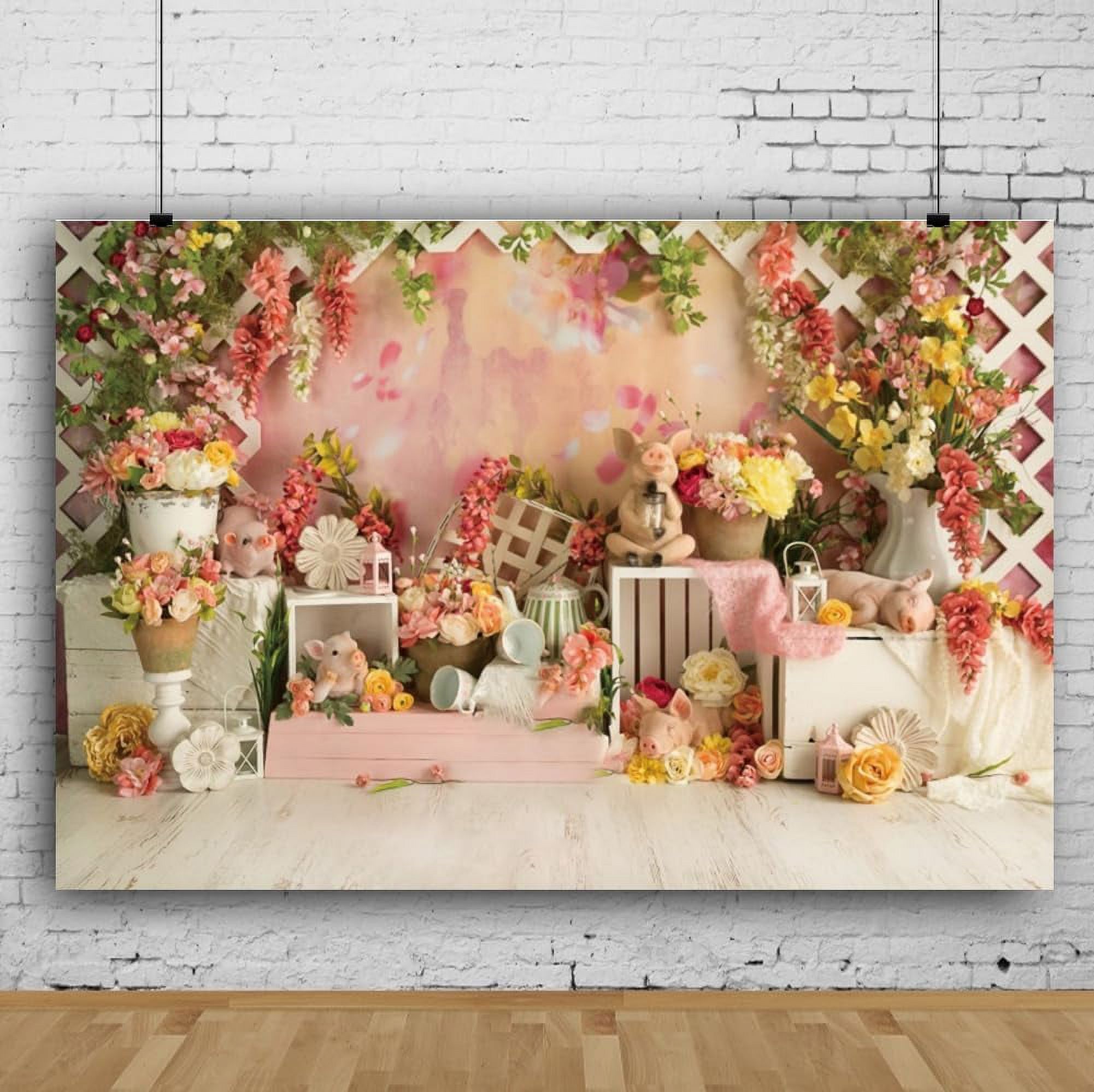Spring Pink Yellow Flowers Backdrop Cute Piggy Wooden Boxes Decor Photo ...