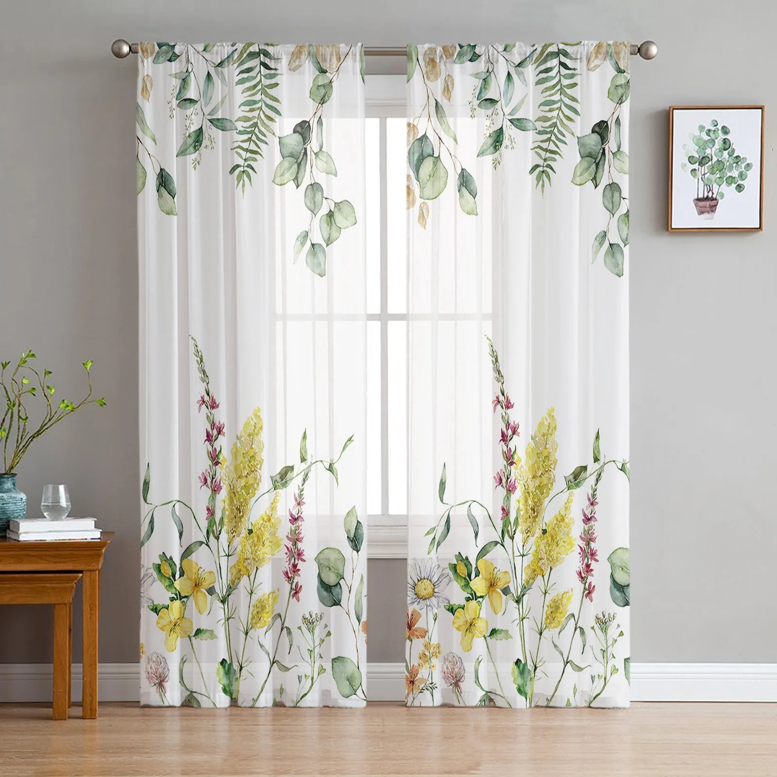 Spring Plant Chamomile Eucalyptus Tulle Voile Curtains For Bedroom ...