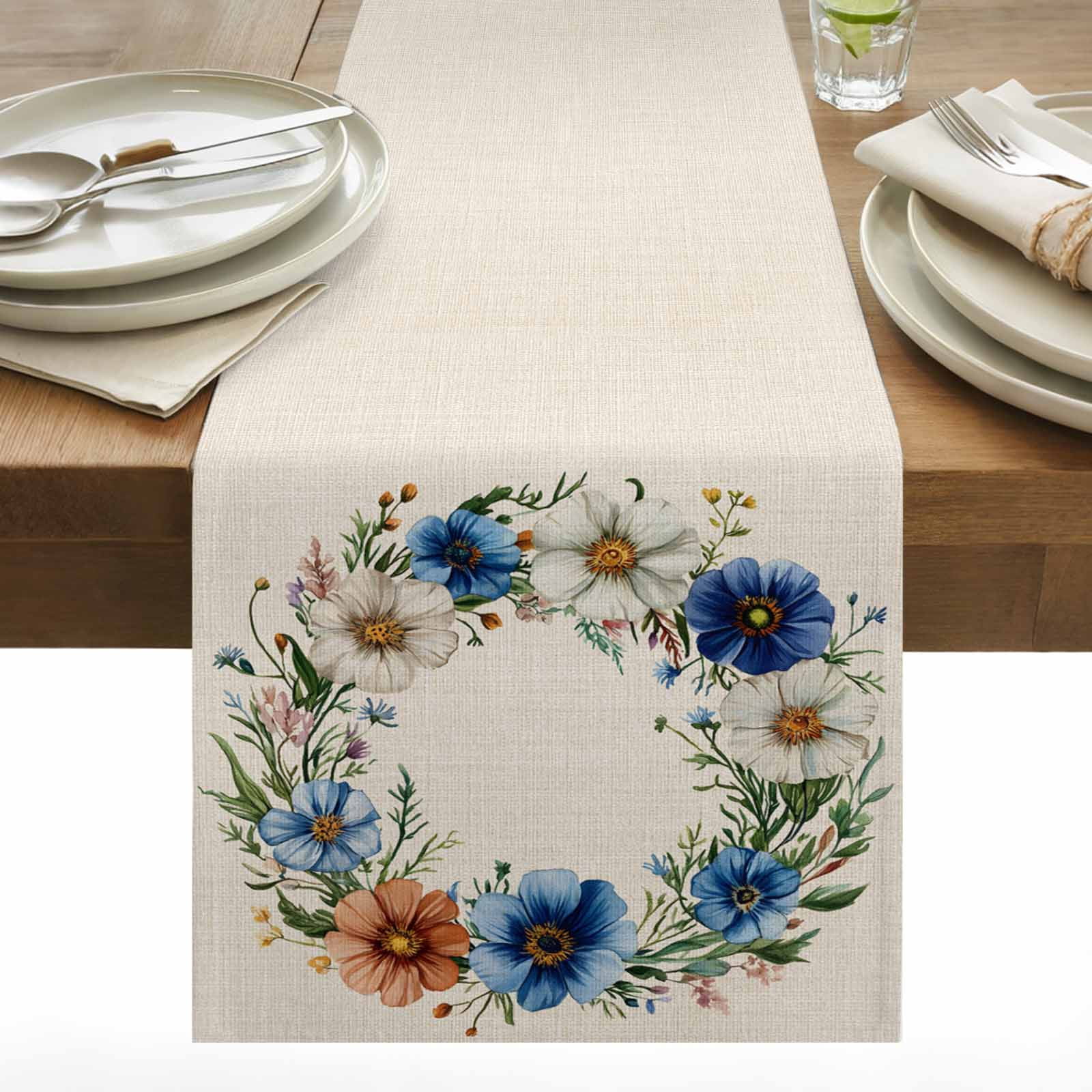 Spring Plant Cotton Linen Table Runner White Blue Circle Flower Linen ...