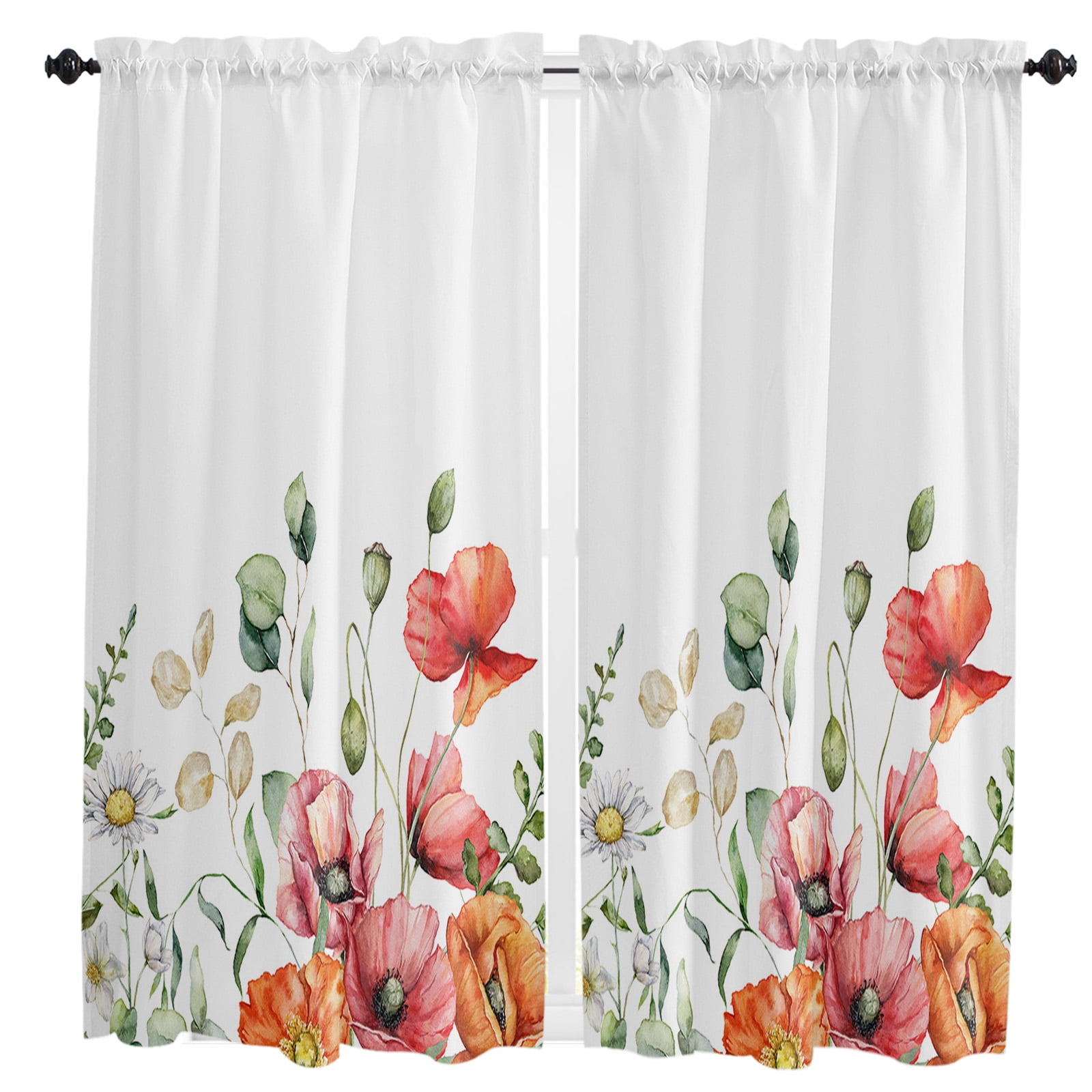 Spring Plant Daisy Eucalyptus Poppy Flower Rod Pocket Short Curtain ...