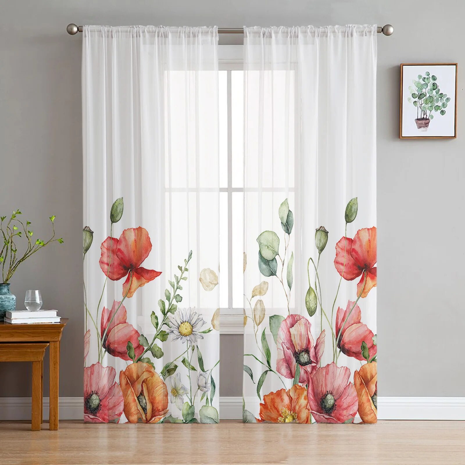 Spring Plant Daisy Eucalyptus Poppy Flower Sheer Curtain Window Tulle ...