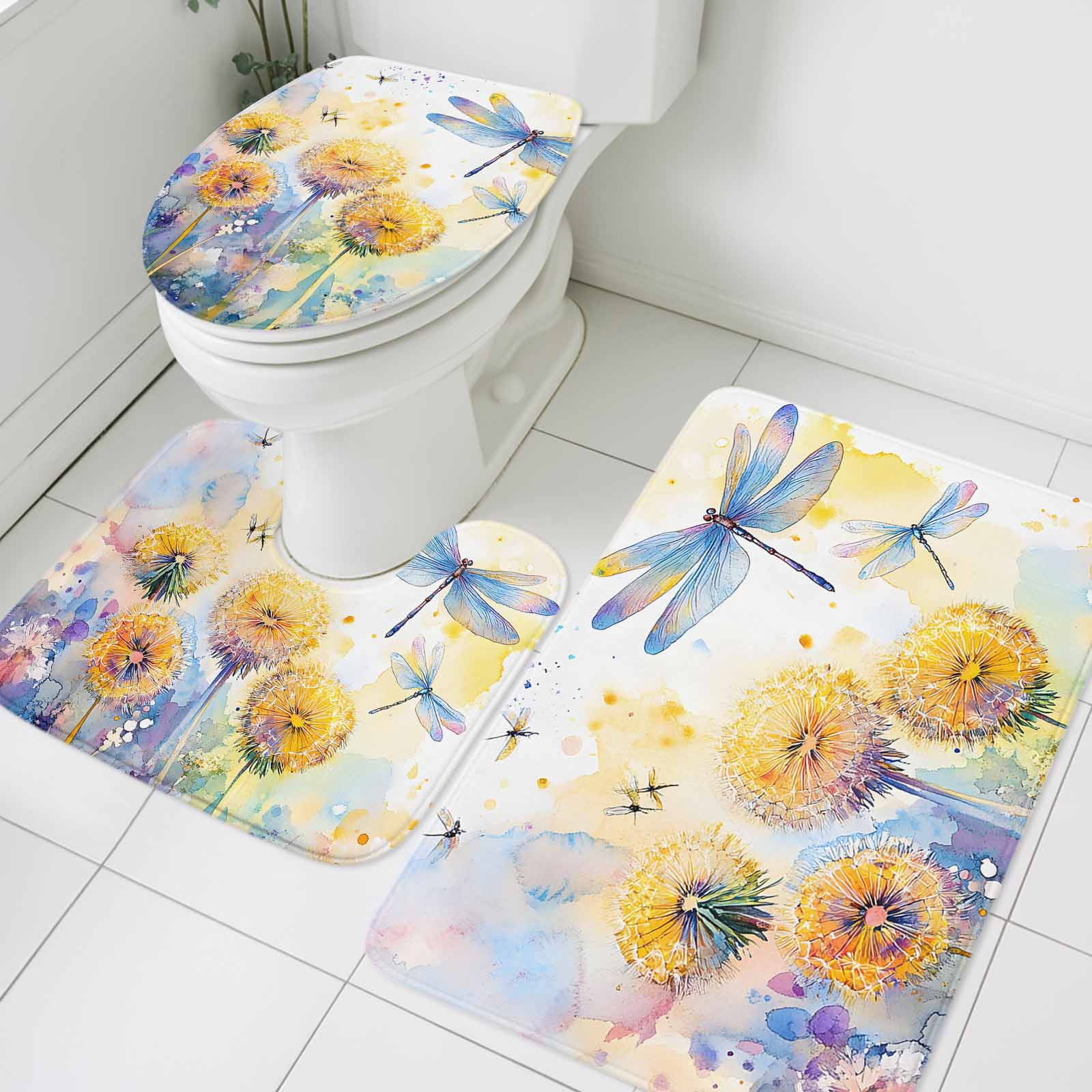 Spring Plant Dragonfly Bathroom Rugs Set Yellow Pastoral Flowers Non ...