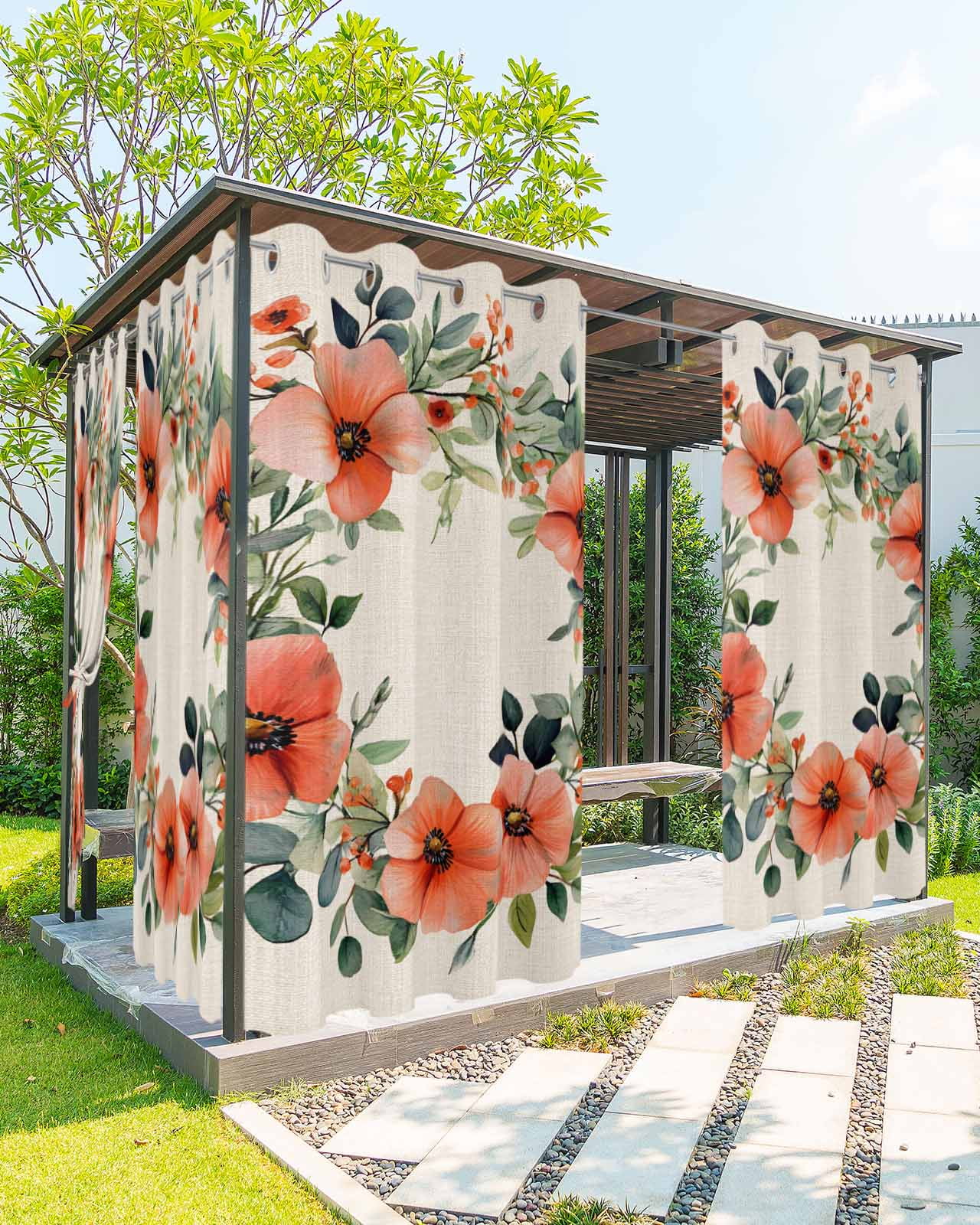 Spring Plant Outdoor Curtains for Patio, Red Circle Flower Linen ...