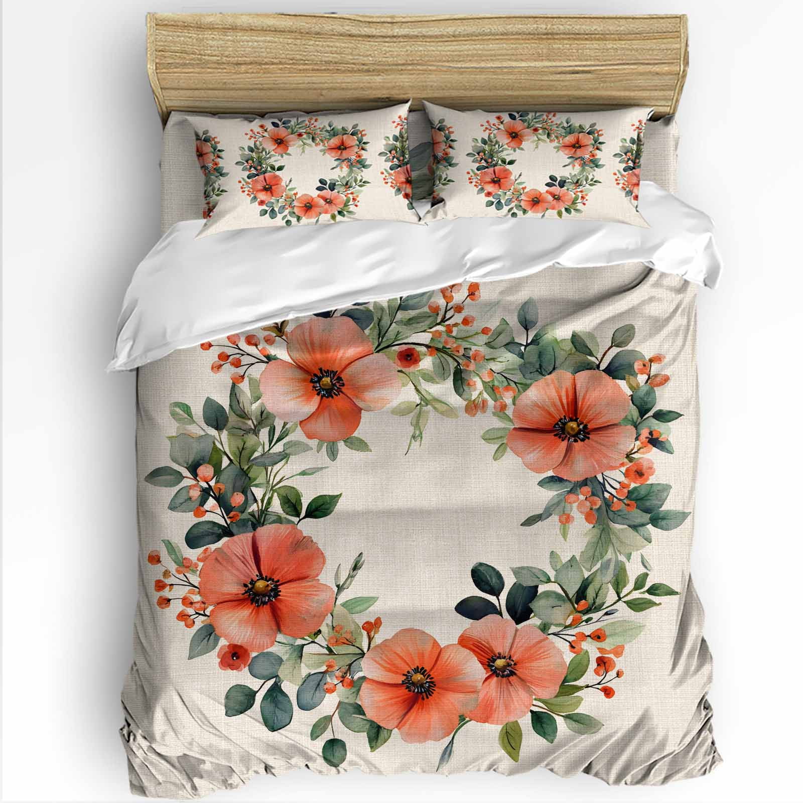 Spring Plant Queen Size Comforter Set, Red Circle Flower Linen Texture ...