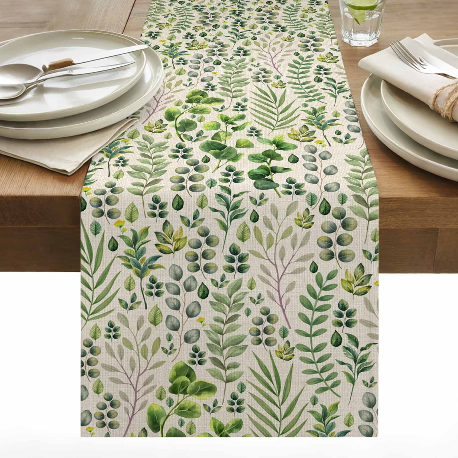 Spring Plants Cotton Linen Table Runner Watercolor Gradient Green ...
