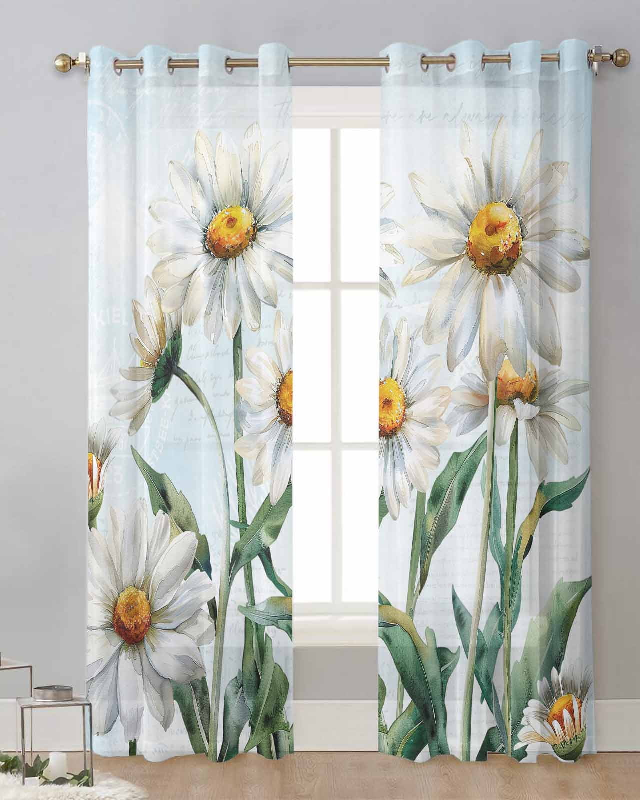 Spring Plants Daisies Flowers Pastoral Breeze Blue Tulle Drapes Living ...